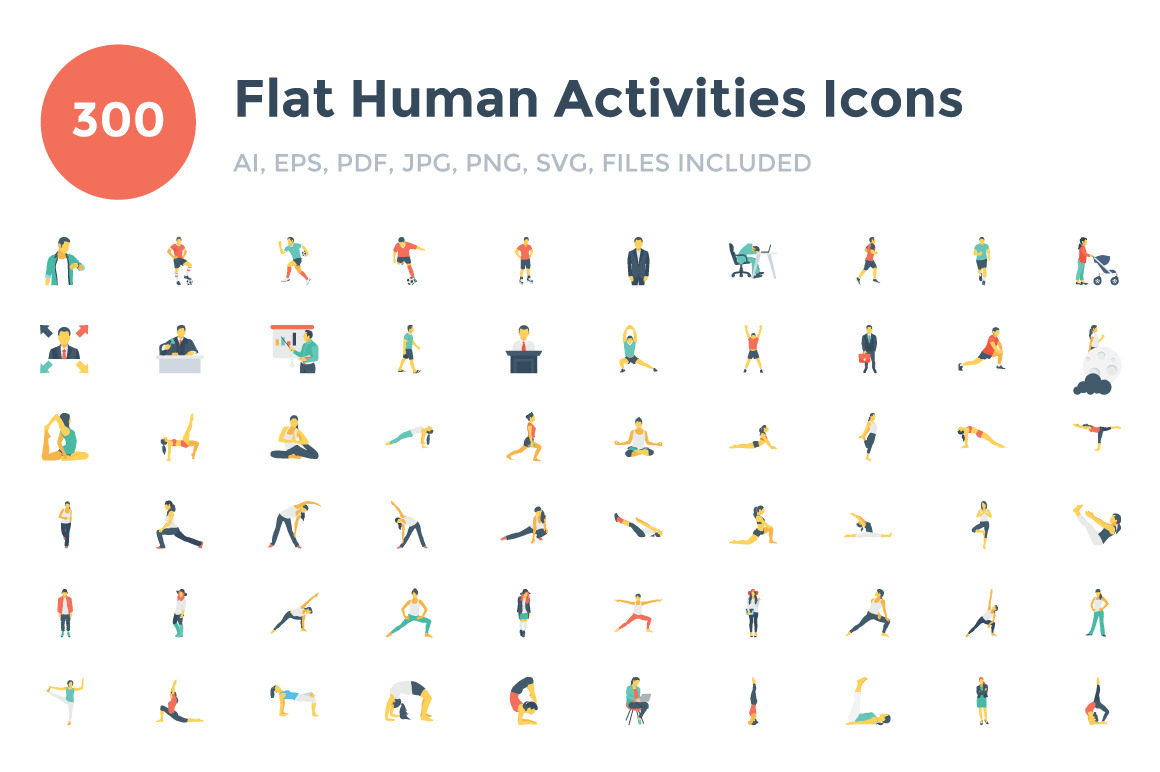 300 Flat Human Activities Icons, an Icon by Vectors Market