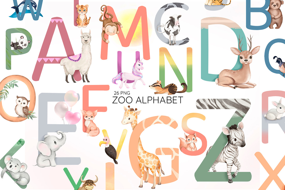 Watercolor Animals Alphabet Clipart, an Animal Illustration by StudioBeeArt