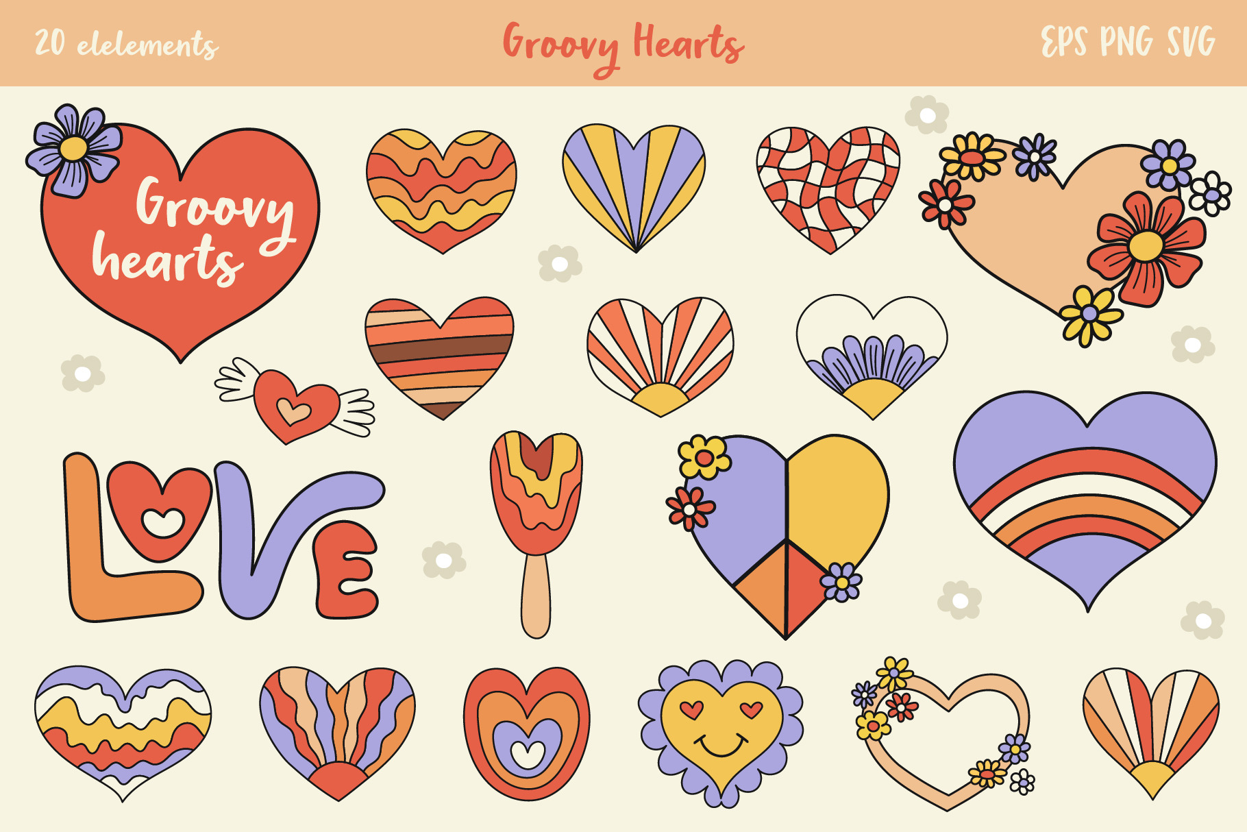 Groovy Hearts Clipart, Retro Hearts, an Illustration by DearLetters