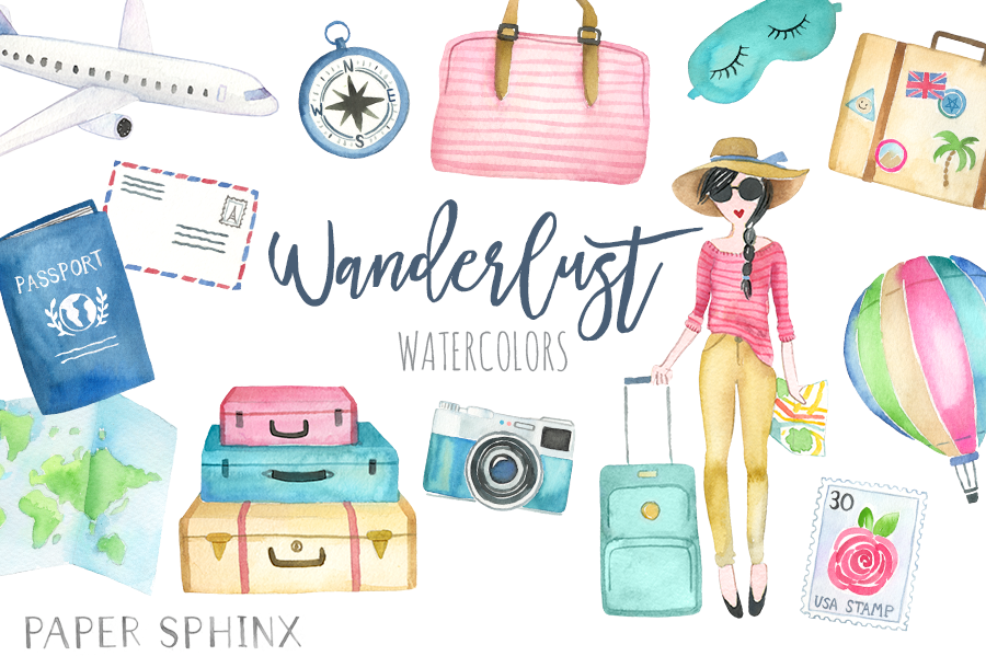 Watercolor Wanderlust Travel Pack, an Illustration by PaperSphinx