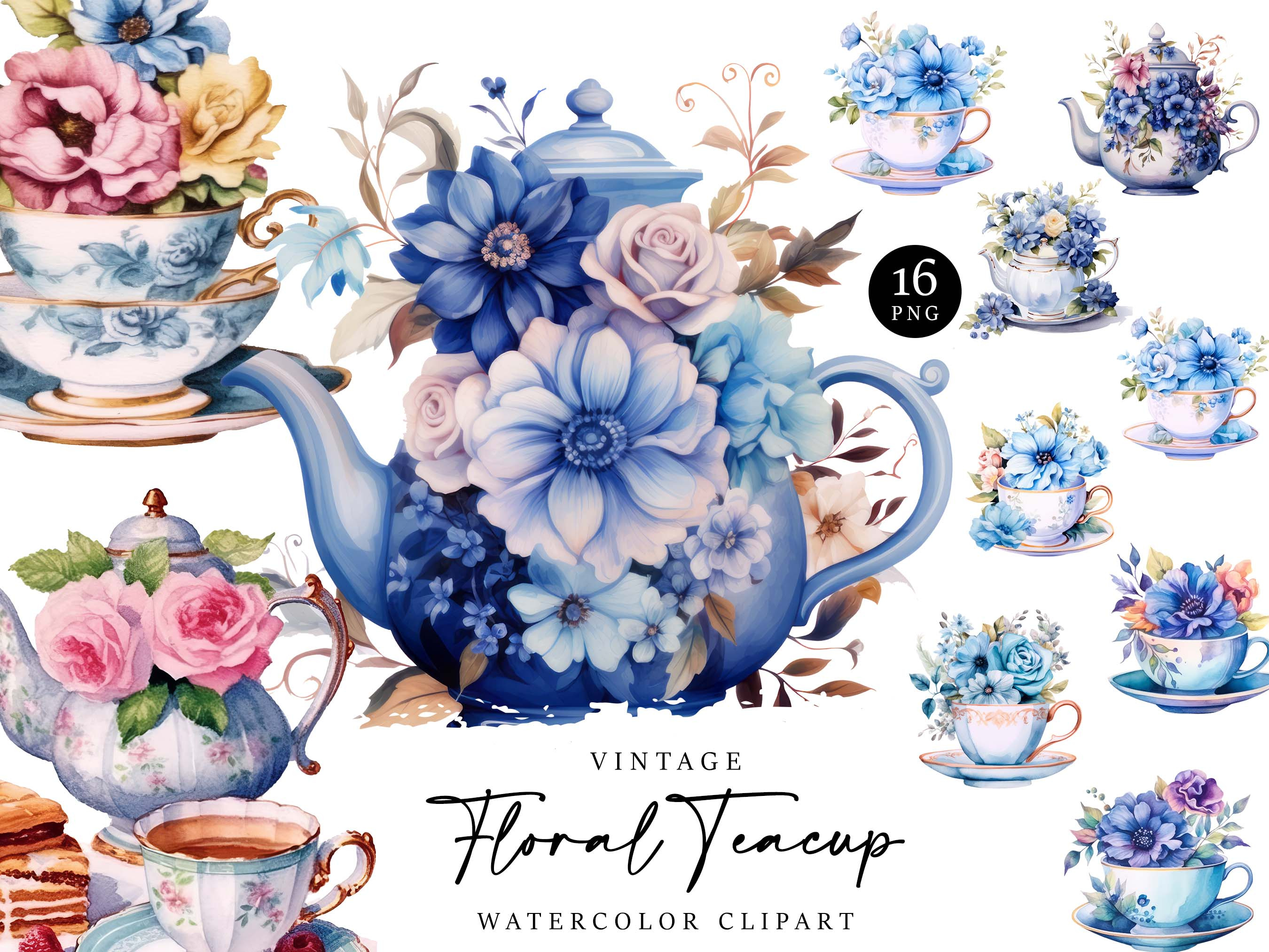 Floral Vintage Teacup Clipart Bundle, an Object Illustration by Design ...