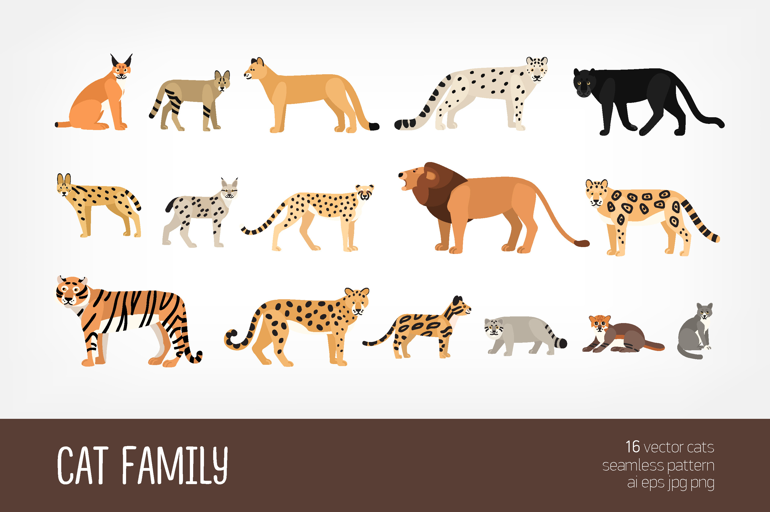 Felidae (cats) set and seamless, an Animal Illustration by Good Studio