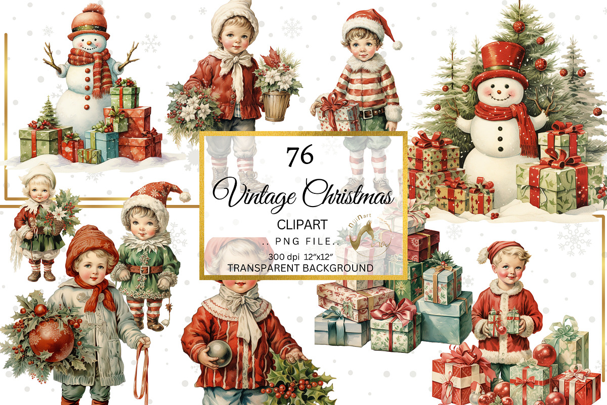 Vintage Christmas Clipart Bundle, an Illustration by NiiiNArt