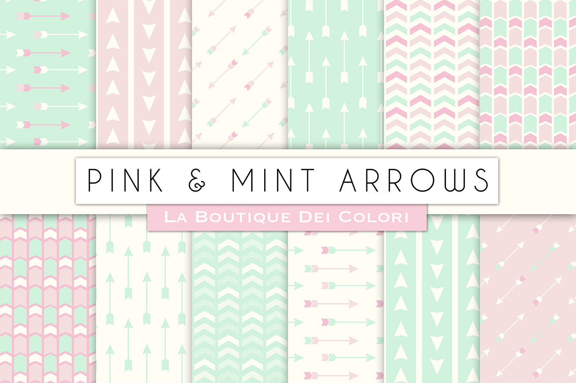 Pink and Mint Arrow Digital Paper, a Pattern Graphic by La Boutique dei ...