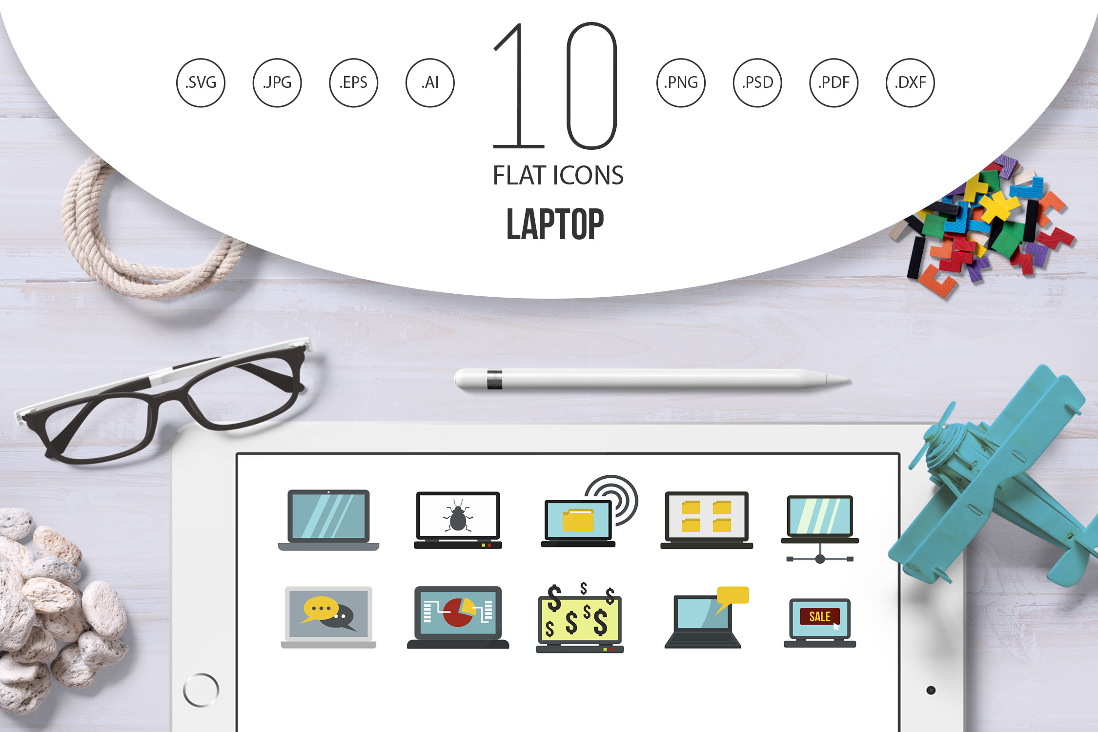 Laptop icon set, flat style, an Icon by Ylivdesign