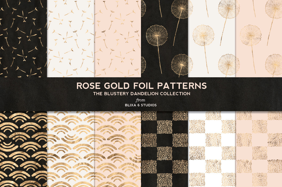 Dandelion Rose Gold Foil Patterns, a Pattern Graphic by Blixa 6 Studios