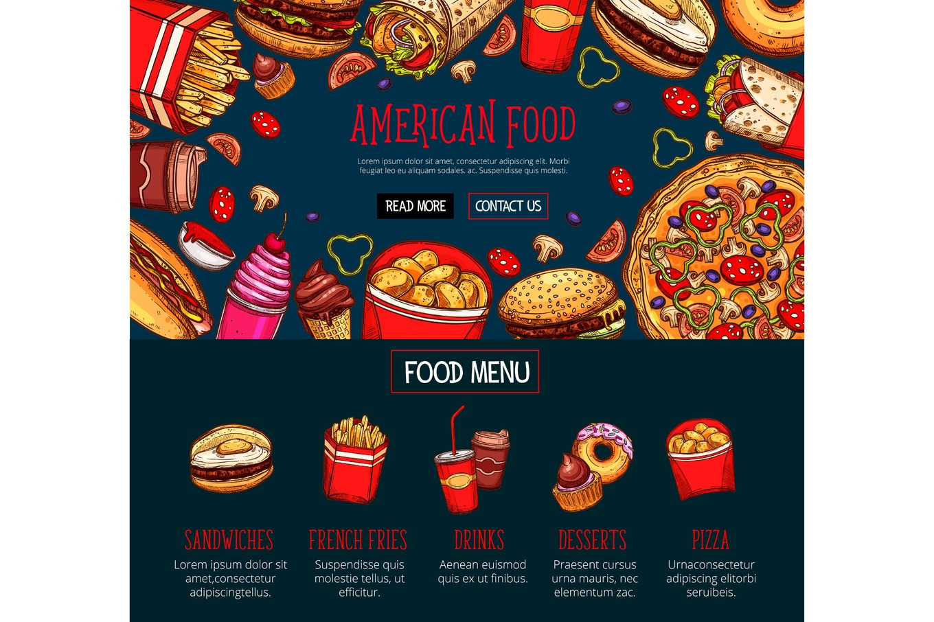 Fast food menu with takeaway dishes and drink, a Food Illustration by ...