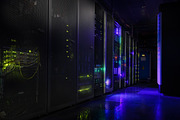 Futuristic modern server room in data center featuring ...