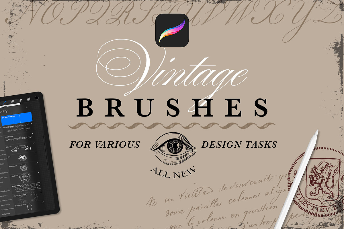 Vintage Procreate Brushes, a Brush Add-On by vatesdesign