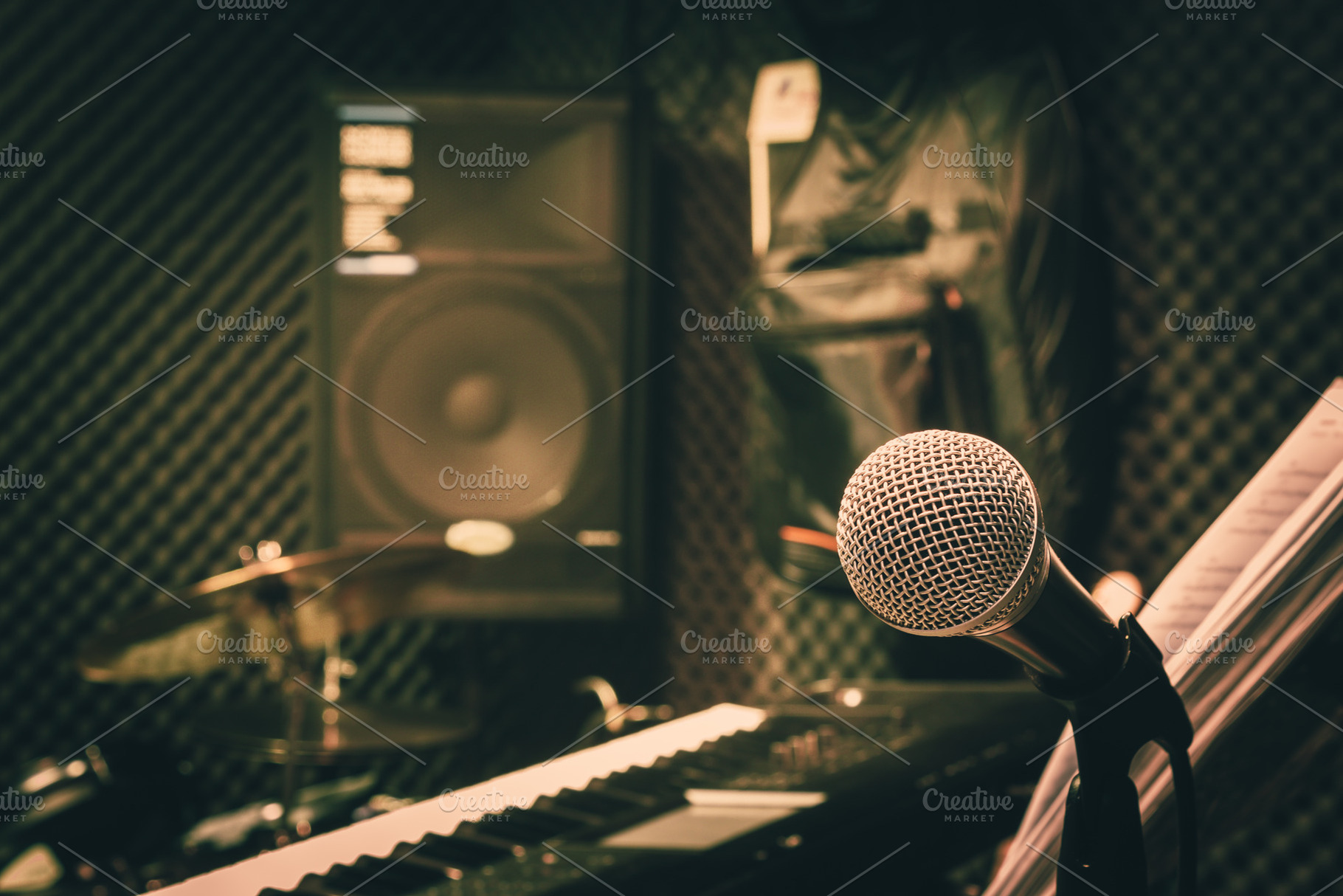 Top view music instruments band containing music, studio, and band, an ...