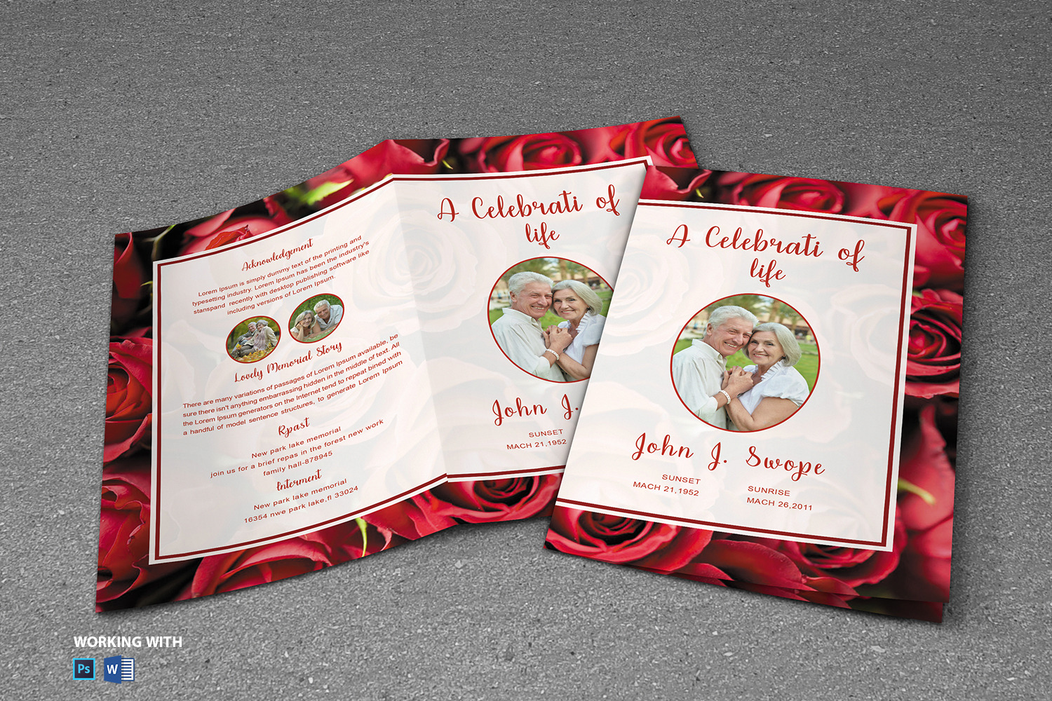 Funeral Program Template Red Rose, a Brochure Template by Madhabi Studio
