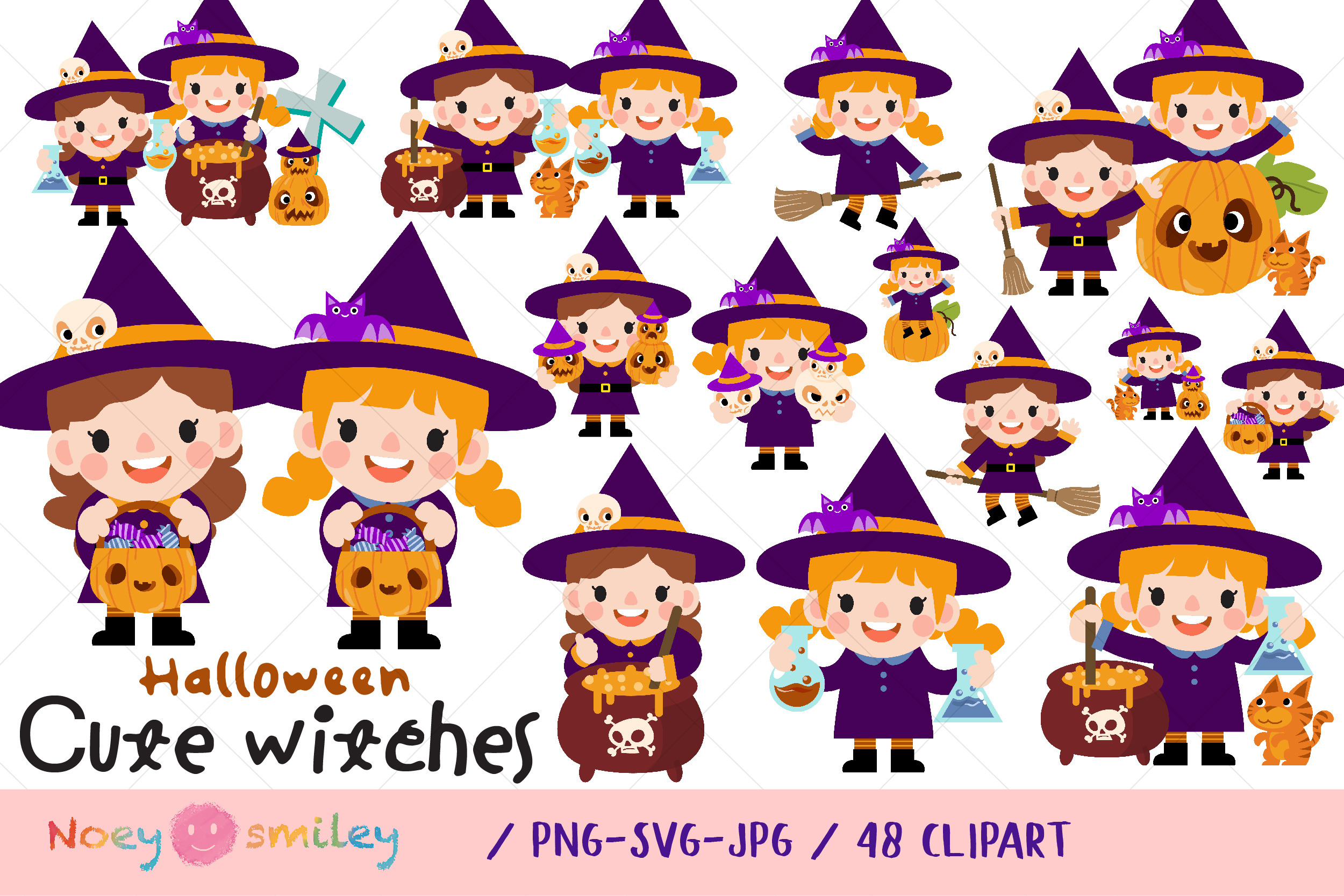 Cute Witches halloween clipart, a Seasonal Illustration by Noey smiley