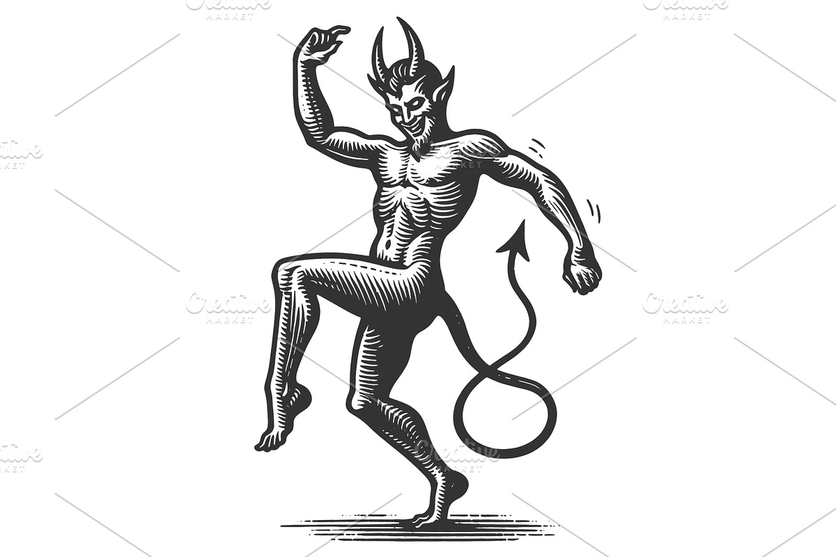 Dancing Devil engraving sketch, an Illustration by AlexArt