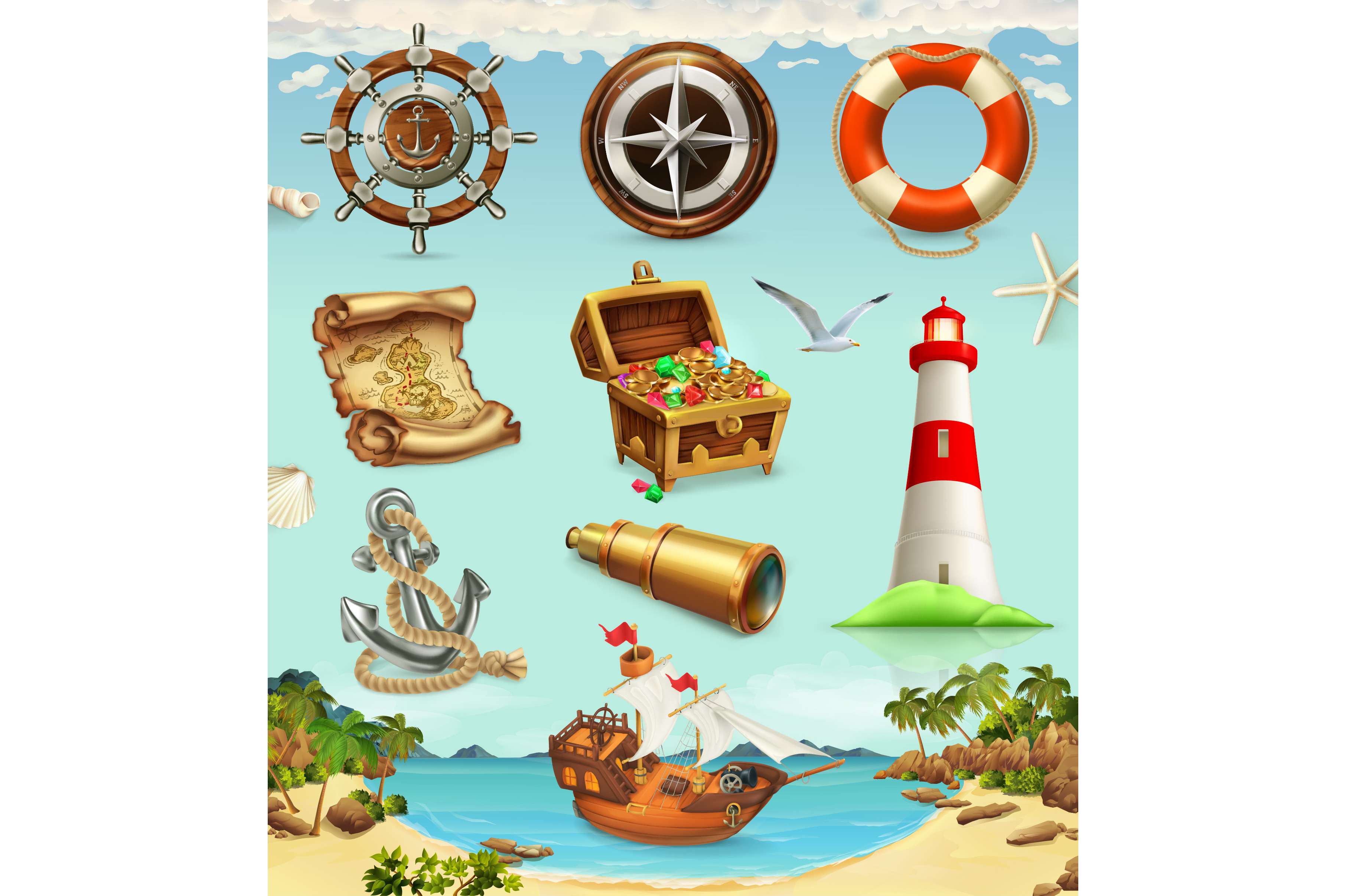 Marine set. Adventures. Game icons, an Object Illustration by ...