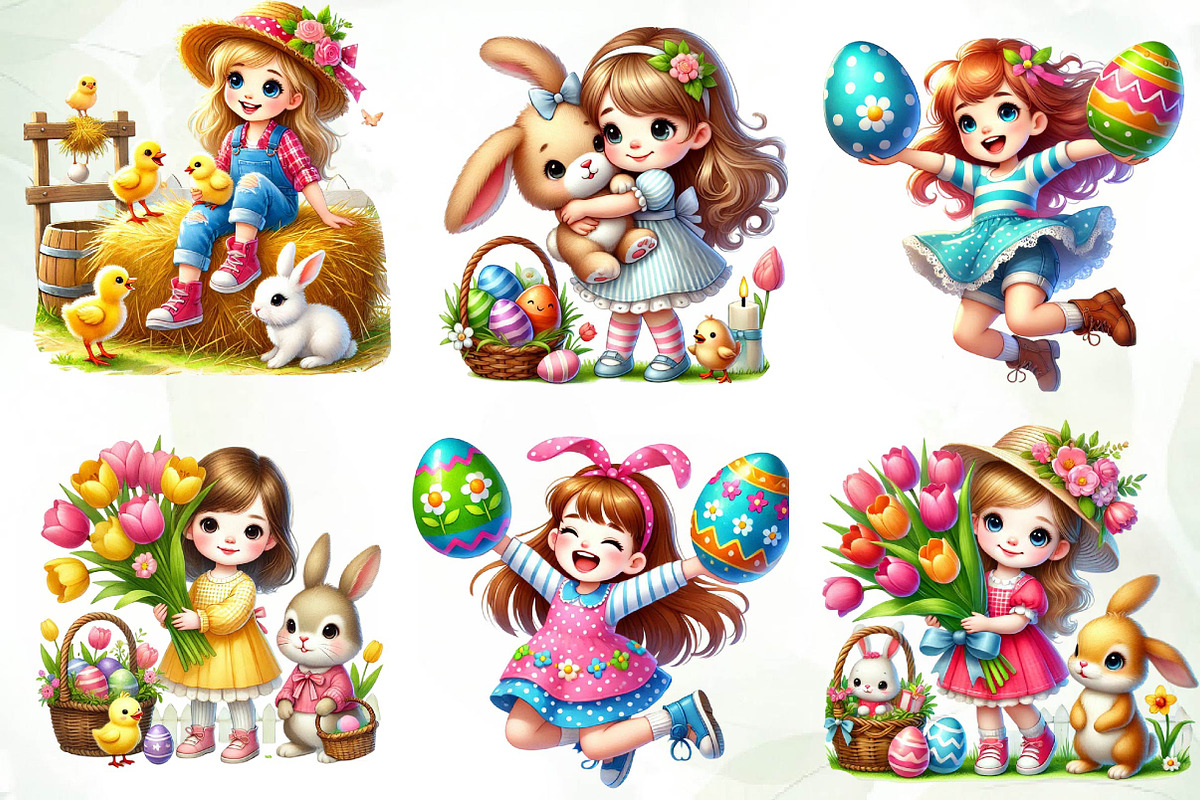 Watercolor Easter Girls Clipart, an Illustration by CreationArt