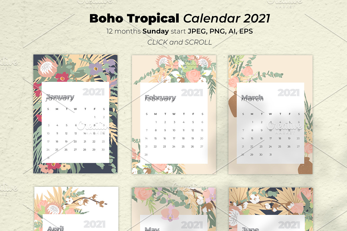 Boho Calendar Template 2021, a Stationery Template by Rose Design