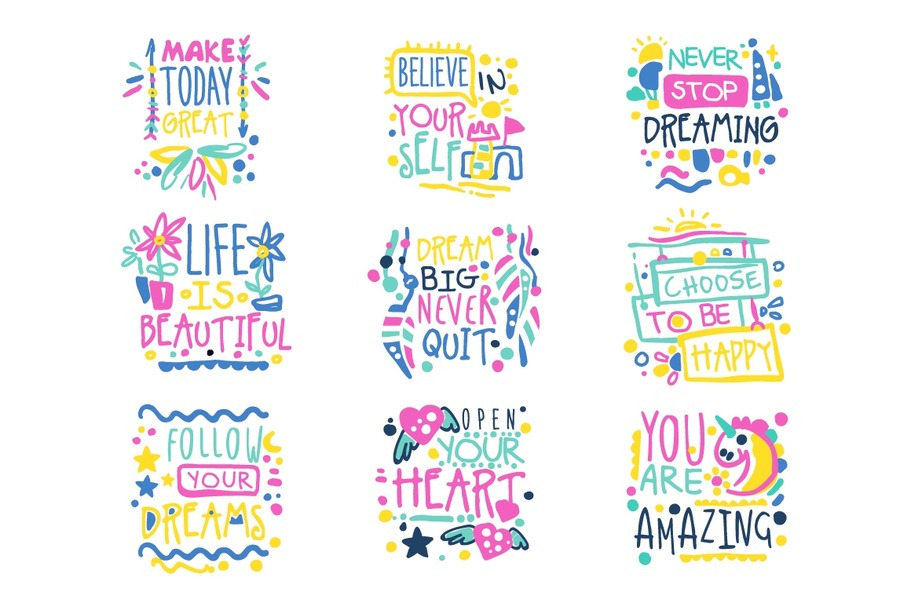Short possitive messages, inspirational quotes colorful hand drawn ...