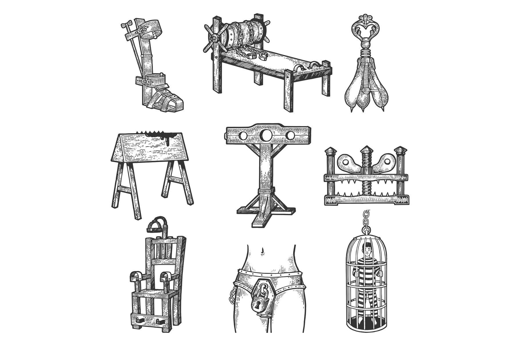 Torture device set sketch vector, an Illustration by AlexArt | Creative ...