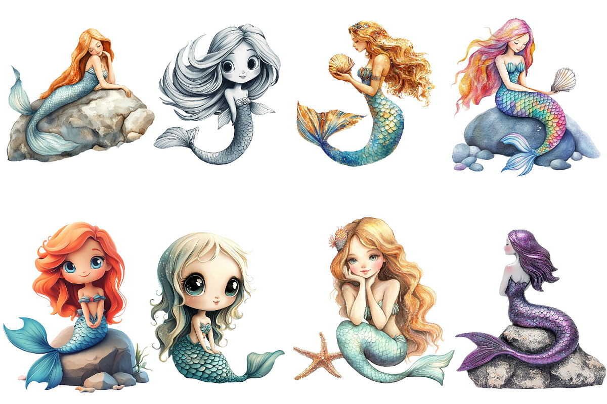 Fantasy Sea Mermaid Clipart Bundle, an Illustration by Pixels.Craft