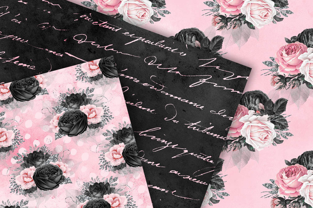 Pink and Black Floral Digital Paper, a Pattern Graphic by Digital Curio