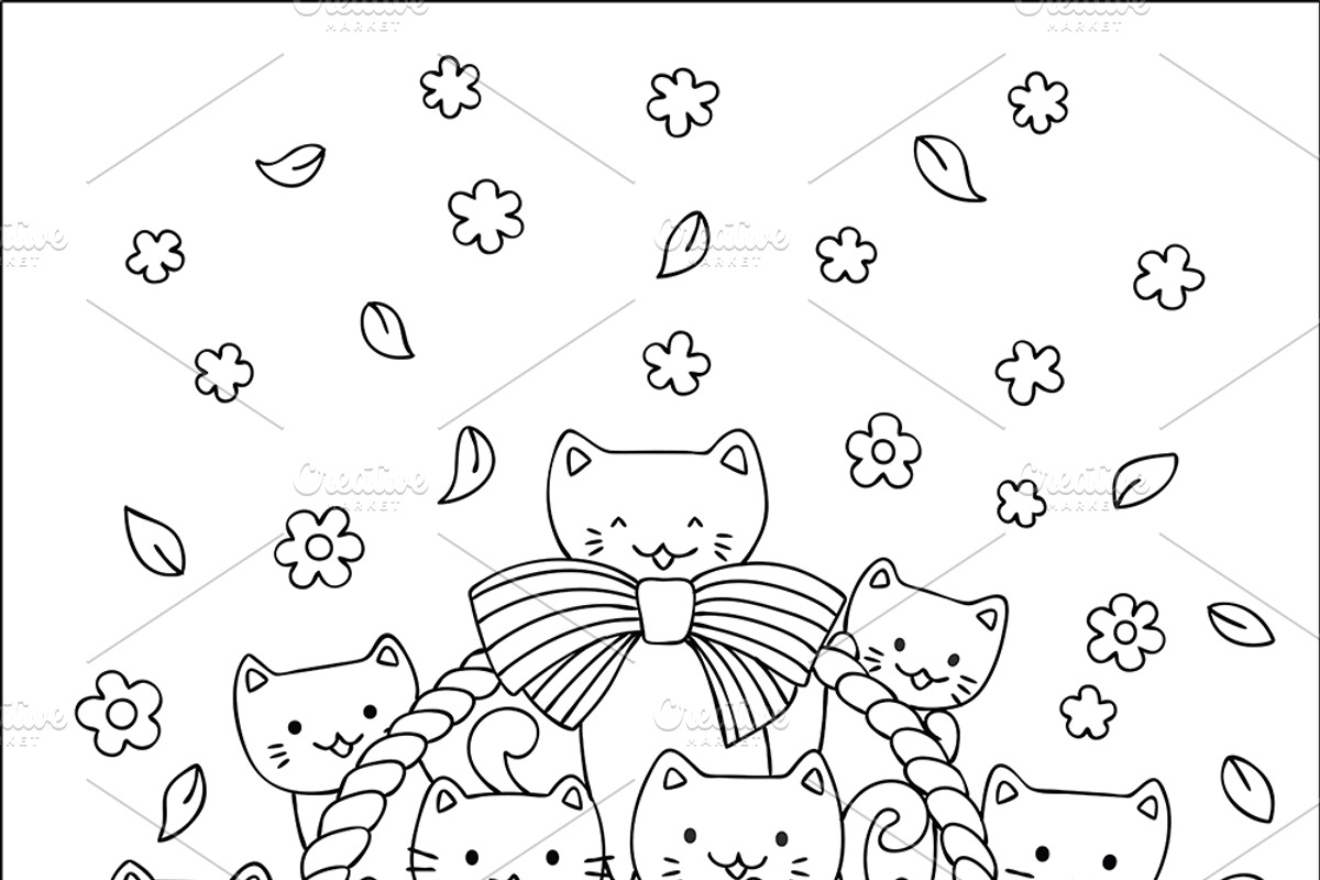 10 Cute cats coloring pages, an Illustration by Somjai King