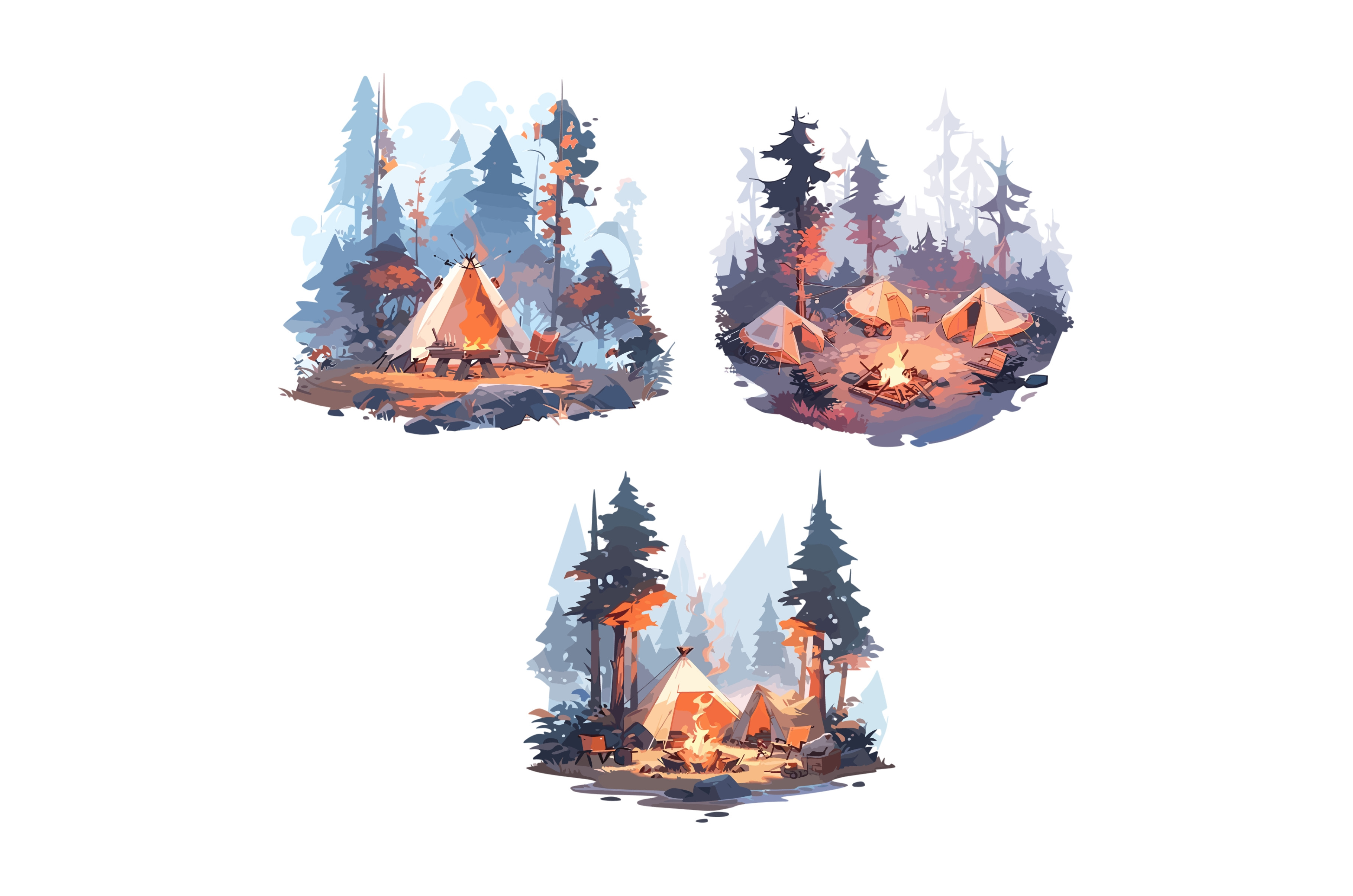 Camp scenes with fire, tent, and, an Object Illustration by Onyx ...