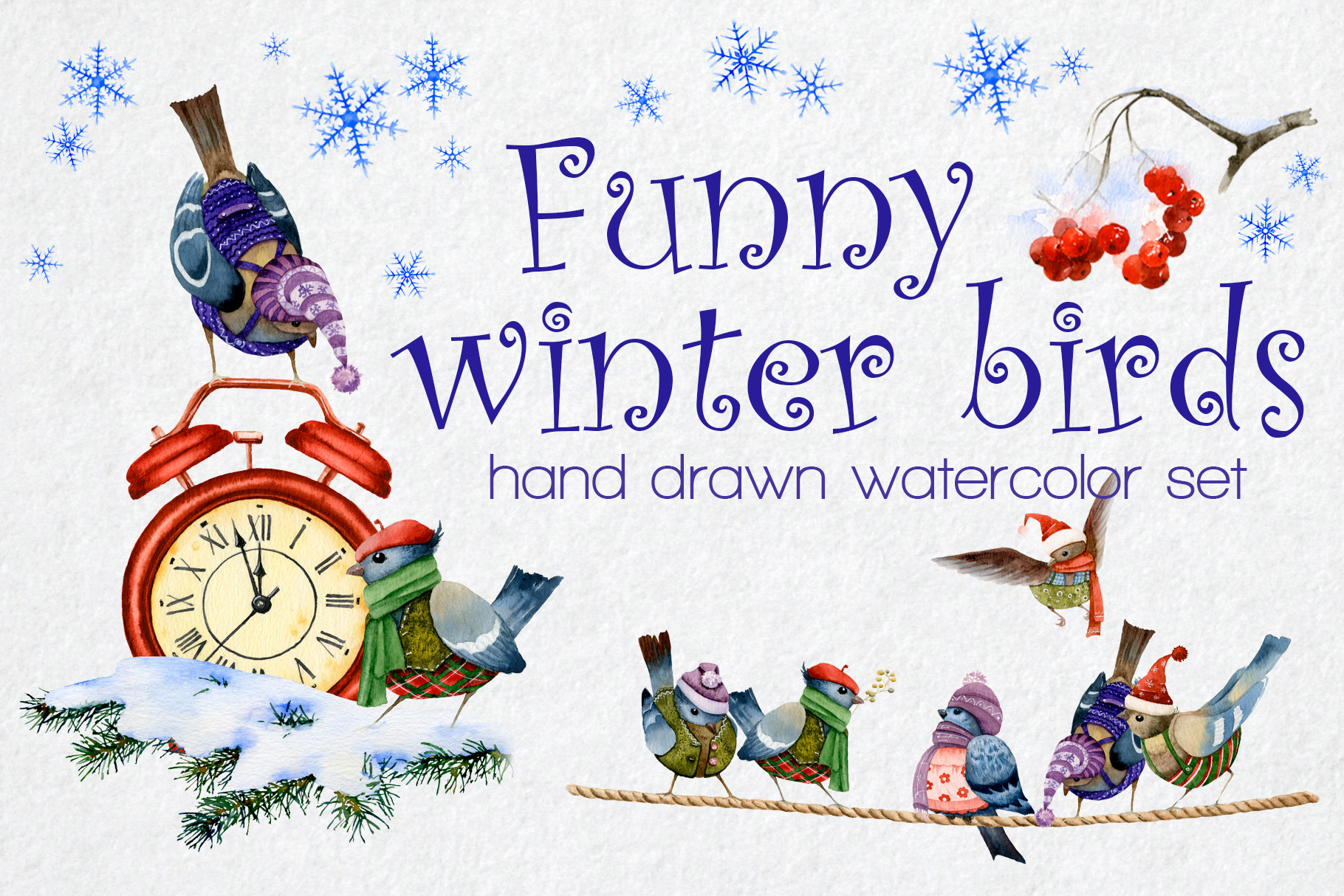 Funny winter birds watercolor set, a Seasonal Illustration by ...