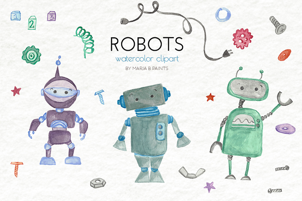 Watercolor Clip Art - Robots, an Illustration by Maria B. Paints