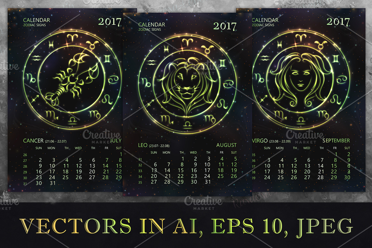 ZODIAC CALENDAR 2017 - green vector, a Texture Illustration by Nadin ...