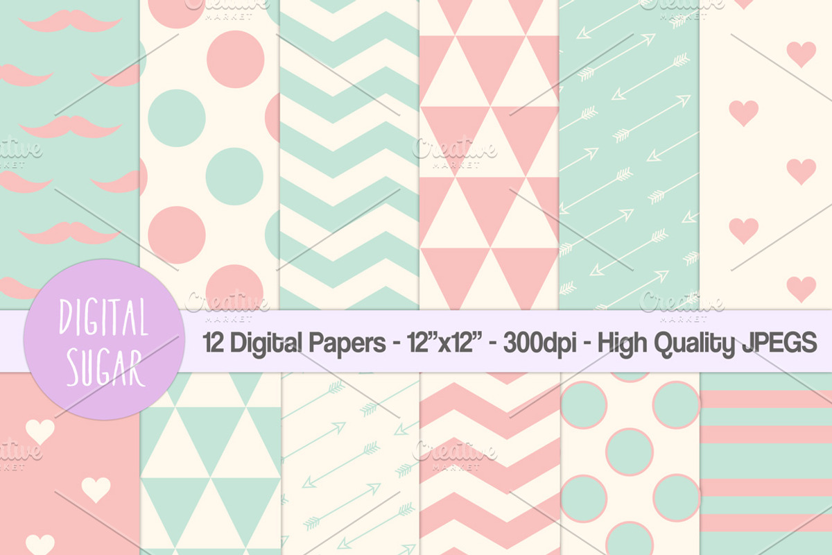 Pink & Green Digital Papers, Hipster, a Pattern Graphic by Digital Sugar