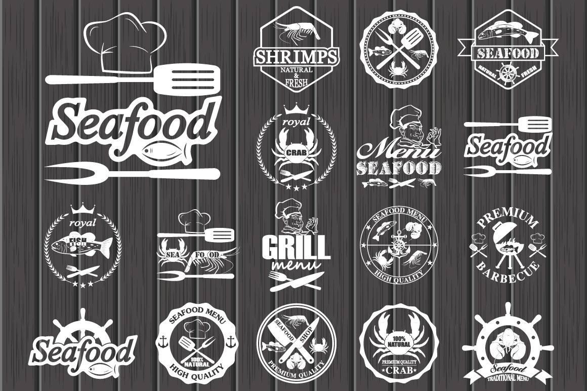 set of seafood labels, a Graphic by Tomass2015