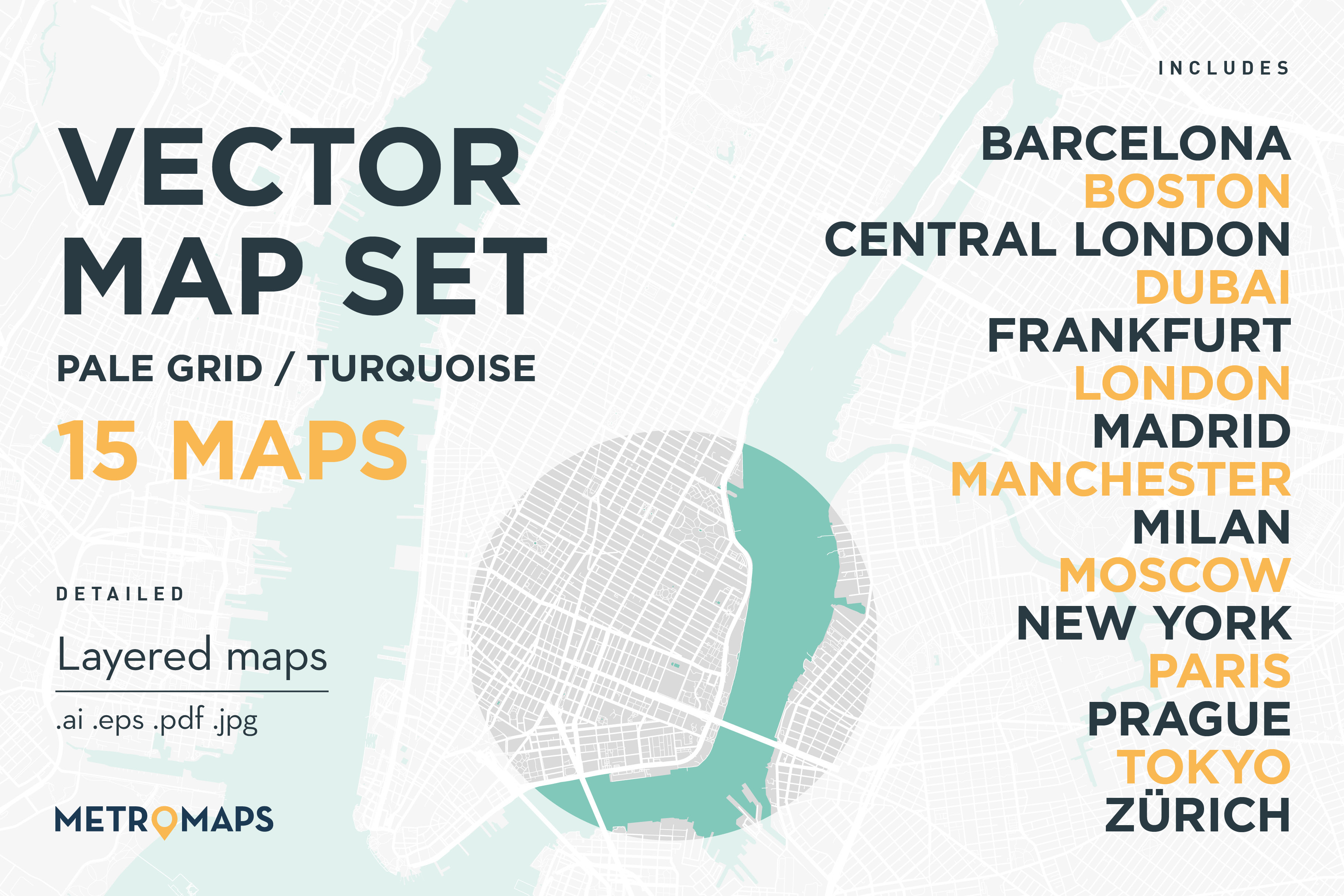 MAP SET - Pale / Turquoise - 15 Maps, a Graphic by MetroMaps