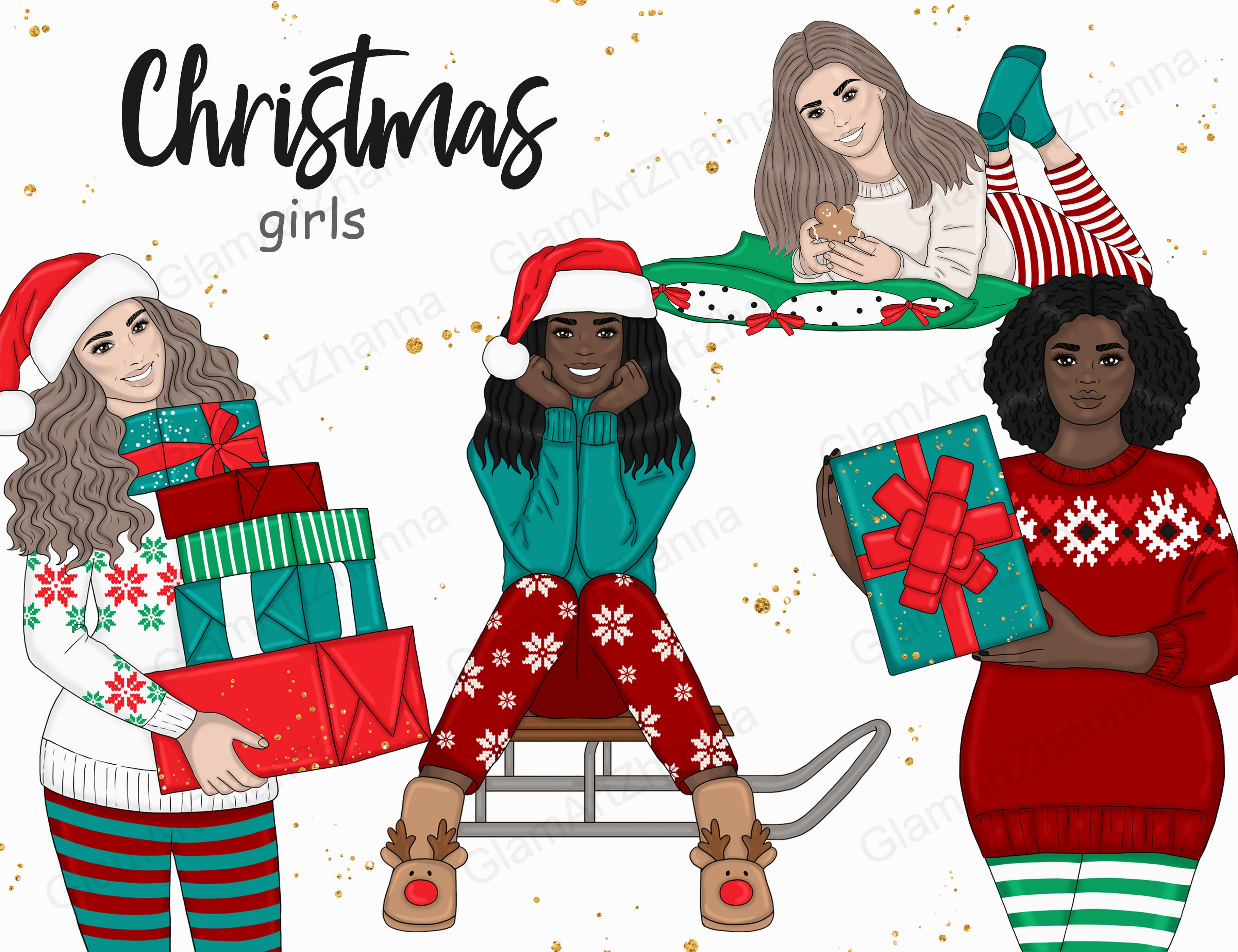 Christmas Girls Clipart, an Illustration by GlamArtZhanna