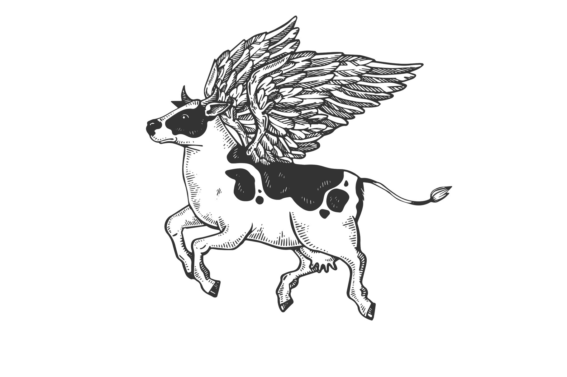 Flying cow farm animal engraving vector, an Animal Illustration by AlexArt