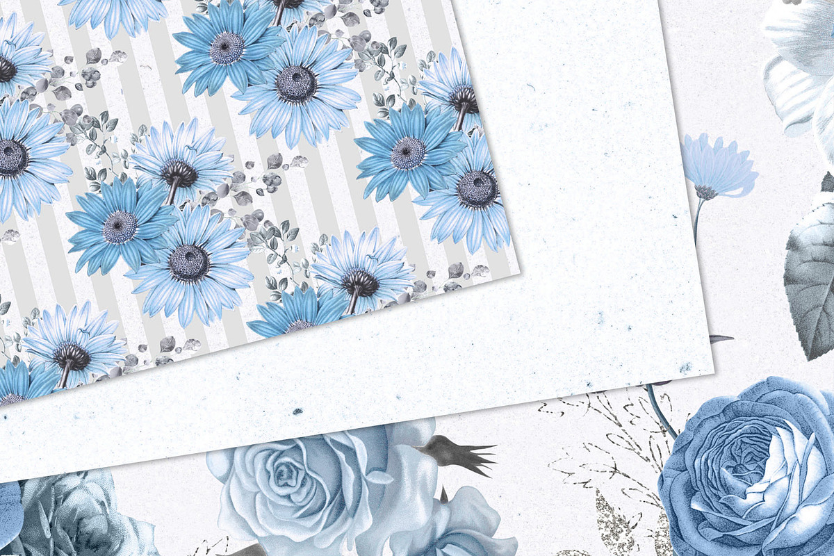 Blue Floral Digital Paper, a Pattern Graphic by Digital Curio