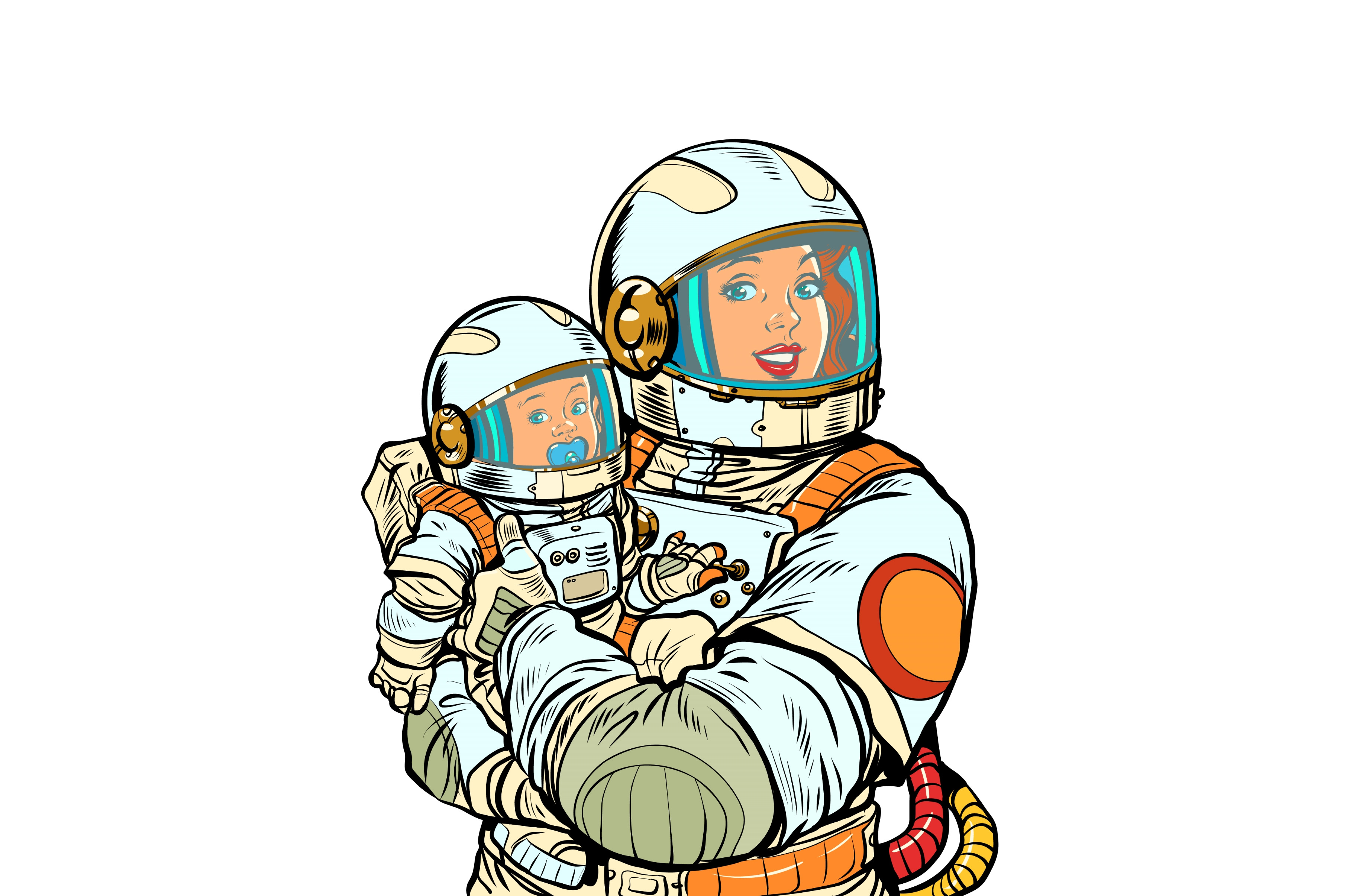 Joyful mother astronaut with a baby, a Person Illustration by studiostoks