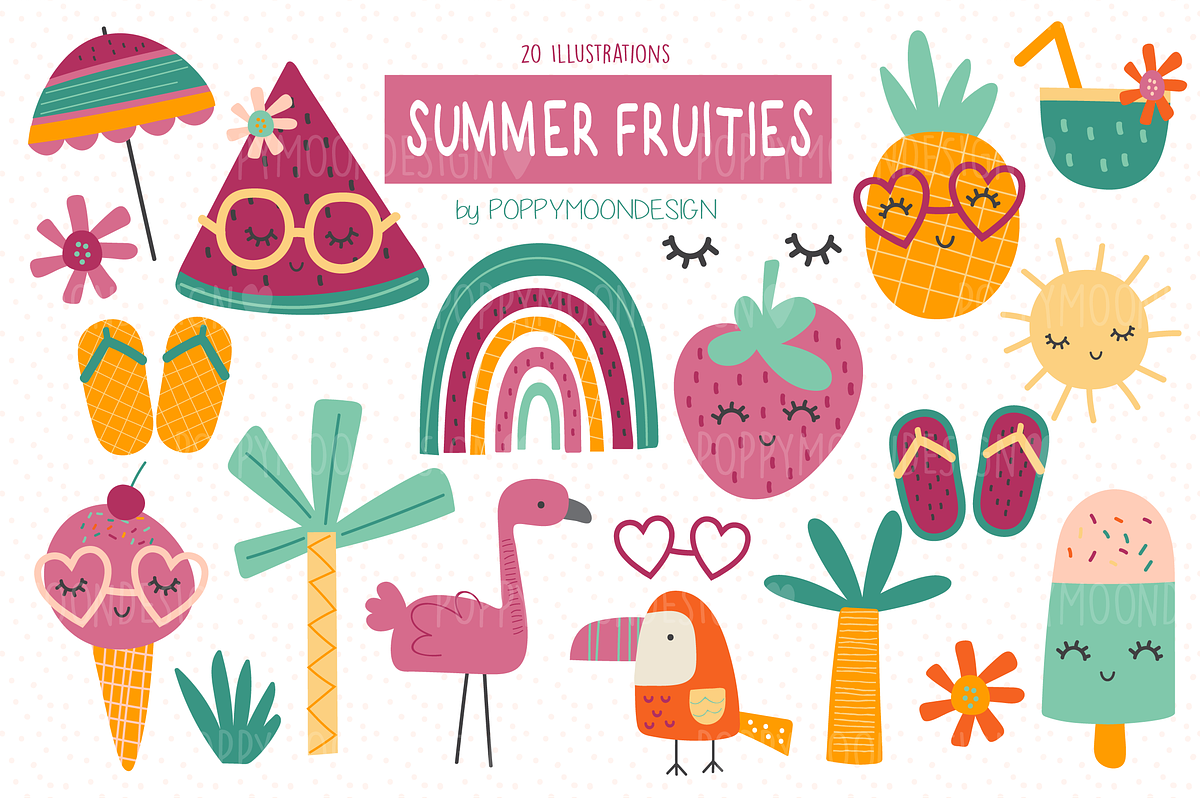 Summer fruities clipart set, a Food Illustration by Poppymoondesign