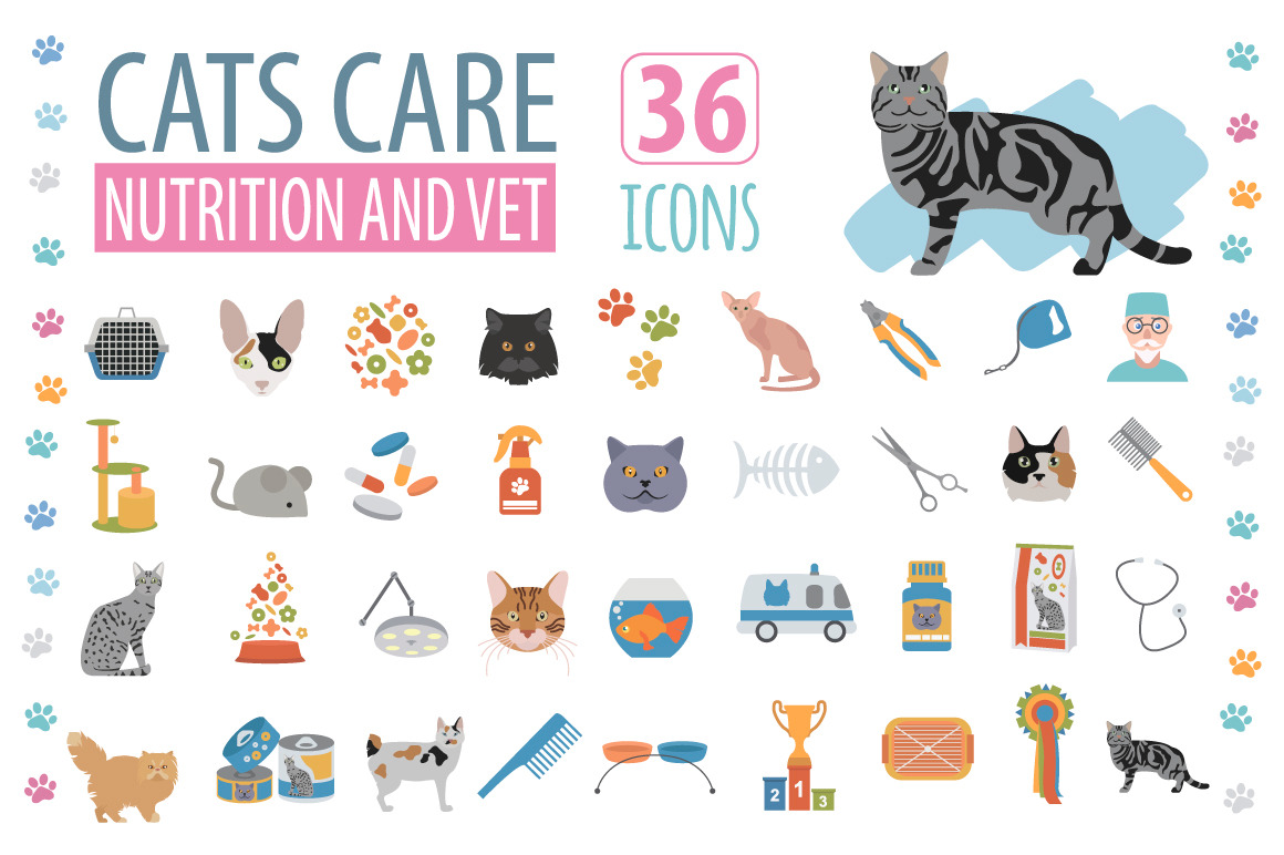Cats care nutrition and vet icon set, an Animal Illustration by pet ...