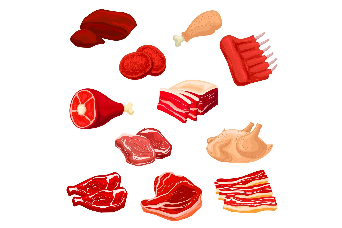 Fresh meat icons of beef, pork, poultry, mutton, a Food Illustration by ...