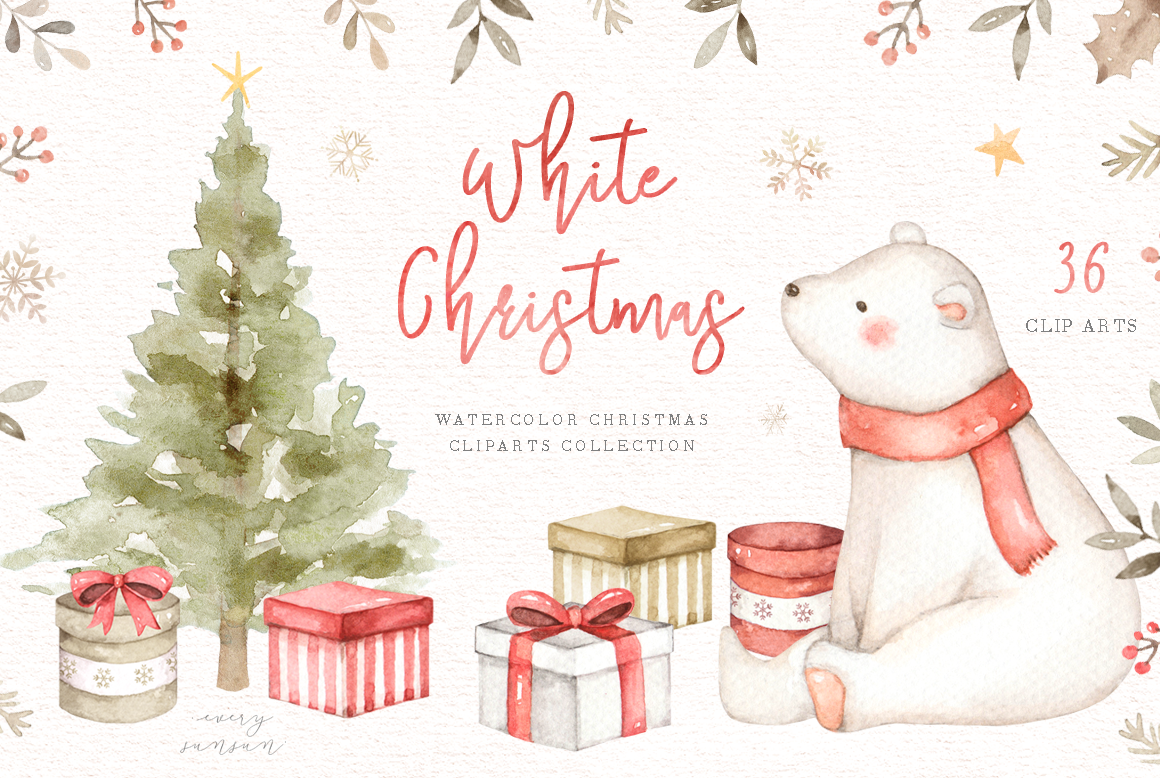 White Christmas Watercolor Clip Arts, an Animal Illustration by everysunsun