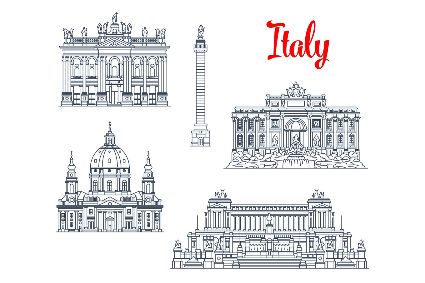 Famous buildings Italy architecture vector icons, an Illustration by ...
