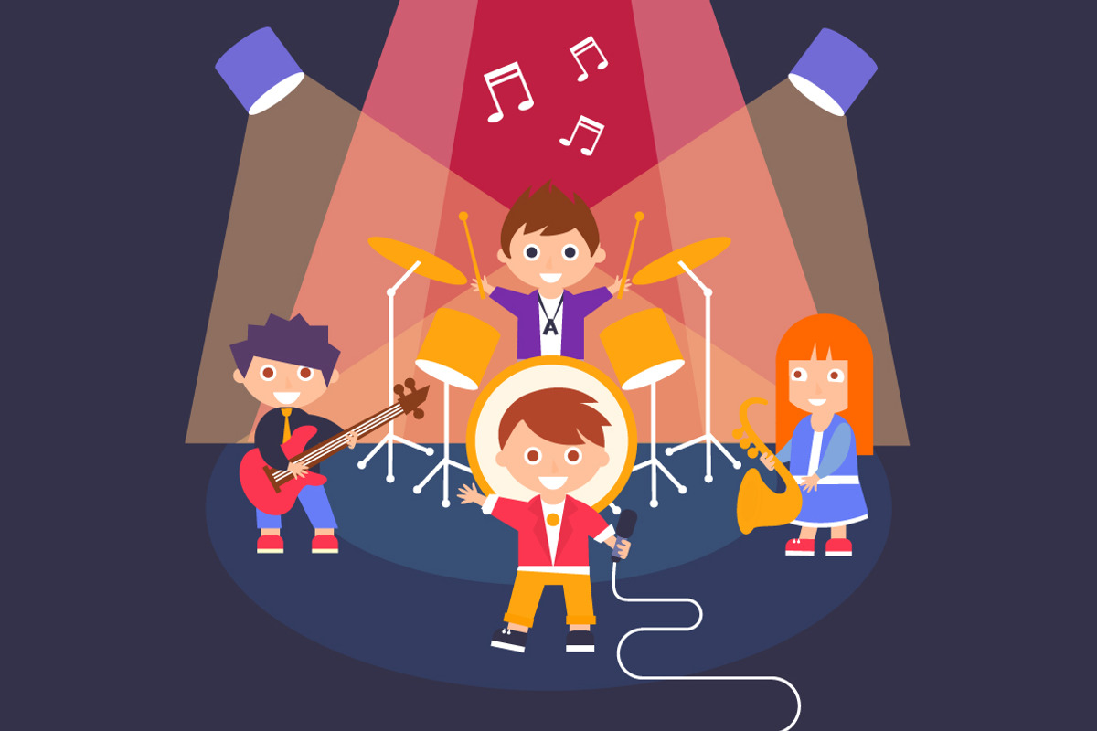 Four kids in a music band, an Education Illustration by TopVectors