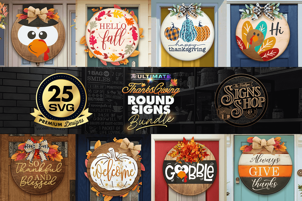 25 ThanksGiving Round Signs SVG Bund, a Seasonal Illustration by Asaelv ...
