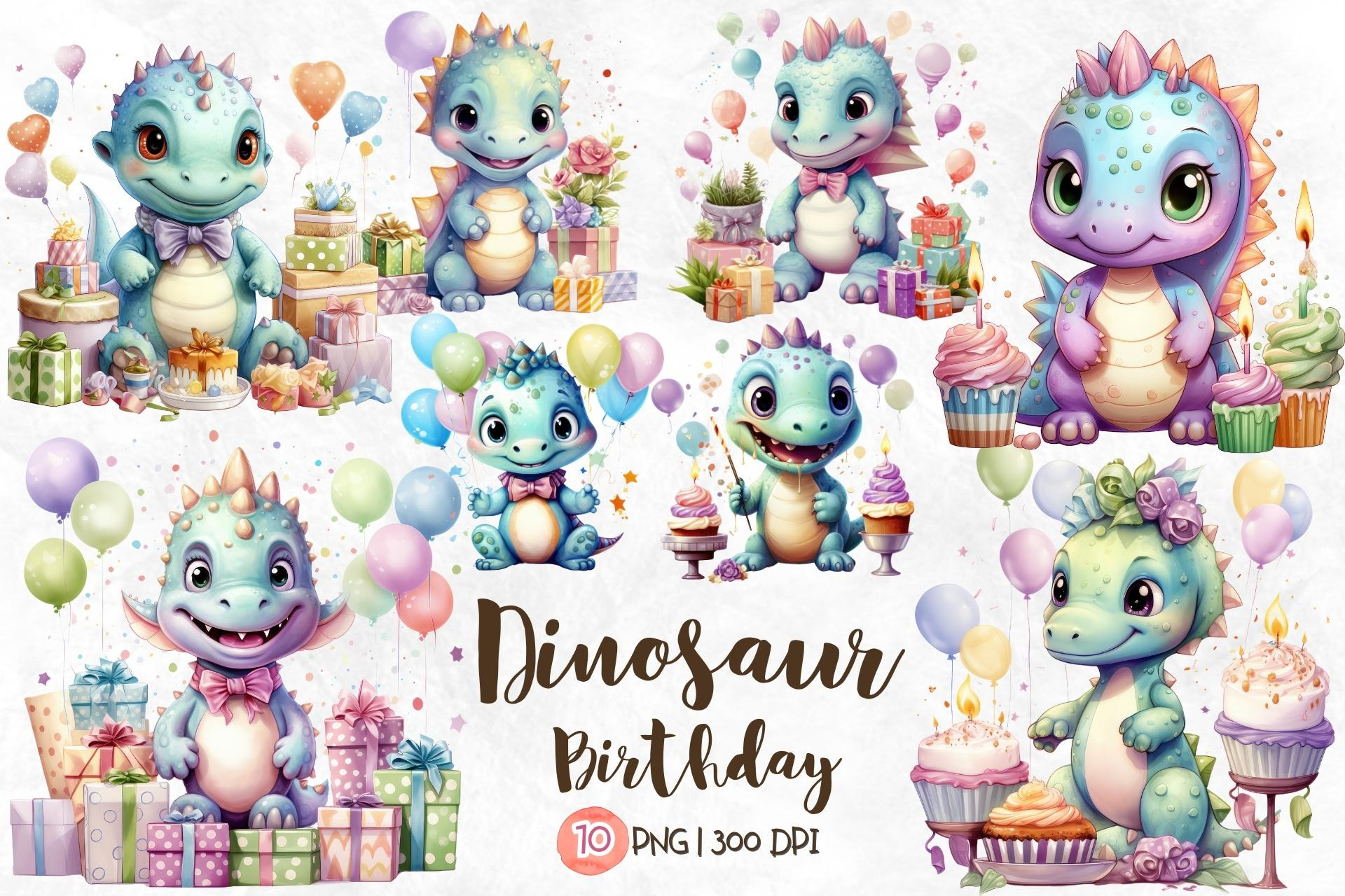 Dinosaur Birthday Watercolor Clipart, an Animal Illustration by Maysa Art