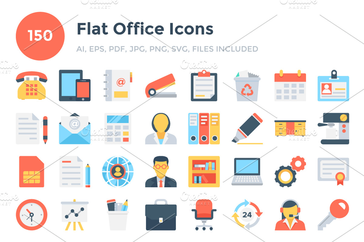 150 Flat Office Icons, an Icon by Vectors Market