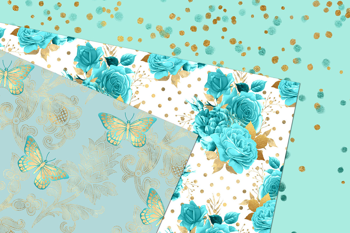 Aqua and Gold Floral Digital Paper, a Pattern Graphic by Digital Curio