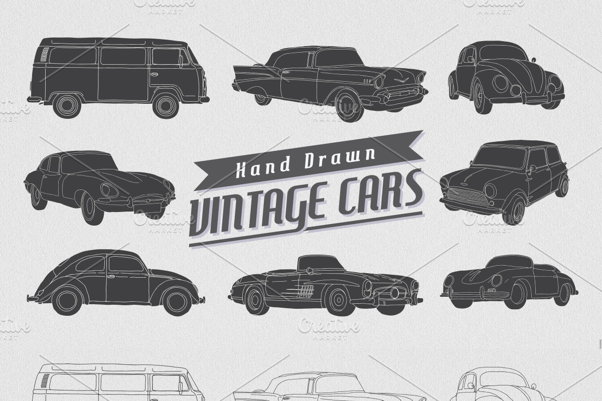 16 Hand Drawn Vintage Retro Cars, an Illustration by Seaquint
