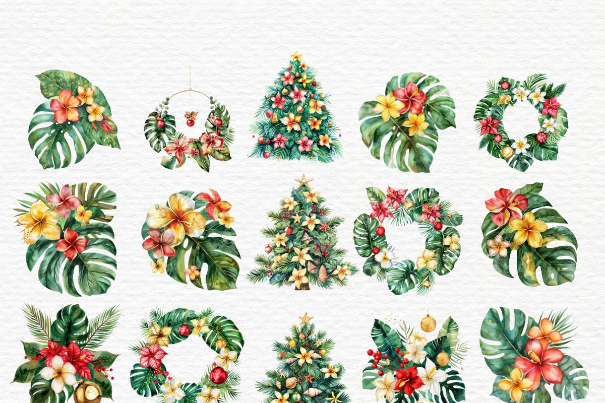 Tropical christmas watercolor clipar, a Seasonal Illustration by Invite ...