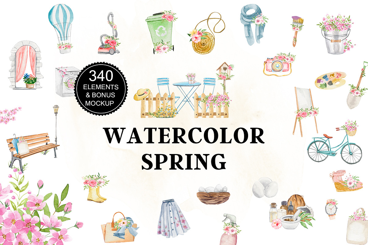 Spring Watercolor Clipart Elements, an Object Graphic by Kaya Fonts