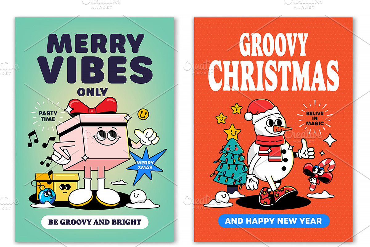 Groovy Christmas poster templates, a Seasonal Illustration by Creative ...